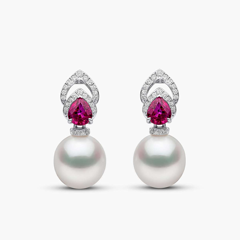 Ophelia Pearl and Ruby Diamond Drop Earrings | Yoko London