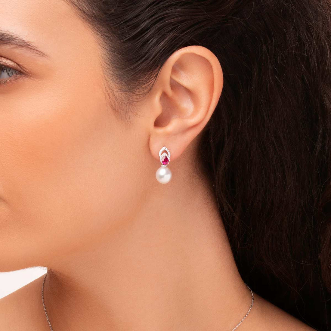 Ophelia Pearl and Ruby Diamond Drop Earrings | Yoko London