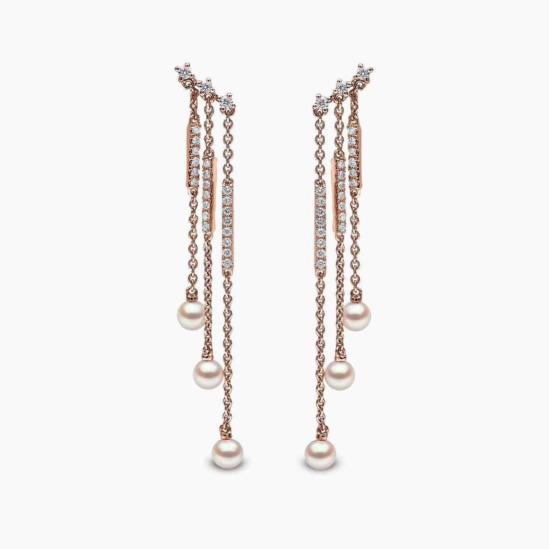 Sleek Pearl & Diamond Triple Chain Drop Earrings | Yoko London