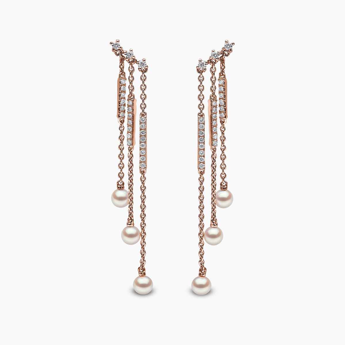 Sleek Pearl & Diamond Triple Chain Drop Earrings | Yoko London