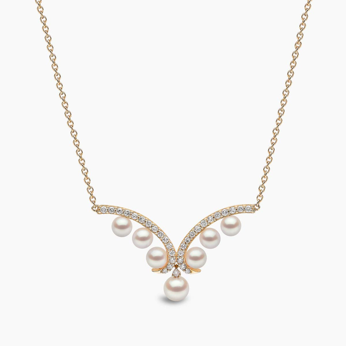 Sleek Pearl & Diamond Curve V Necklace | Yoko London